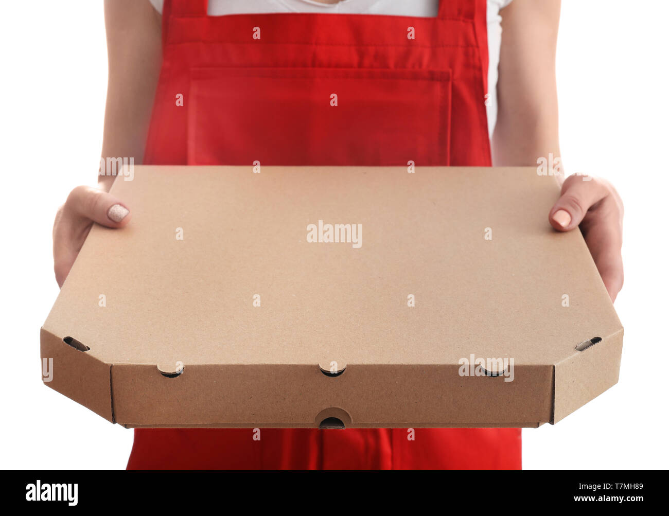 Delivery woman with cardboard pizza box on white background Stock Photo ...