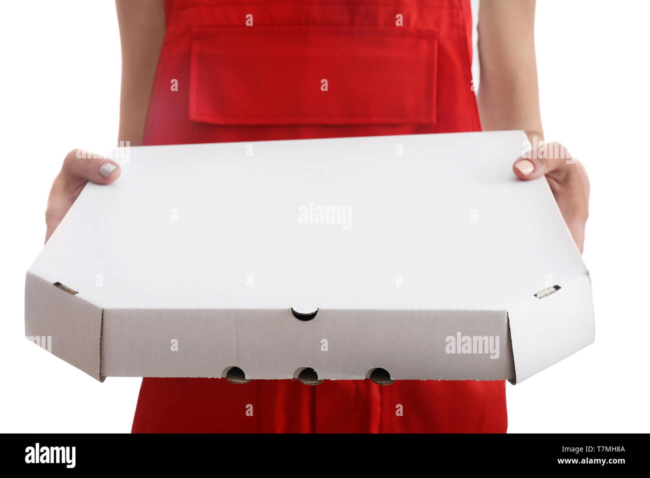 Delivery woman with cardboard pizza box on white background Stock Photo ...