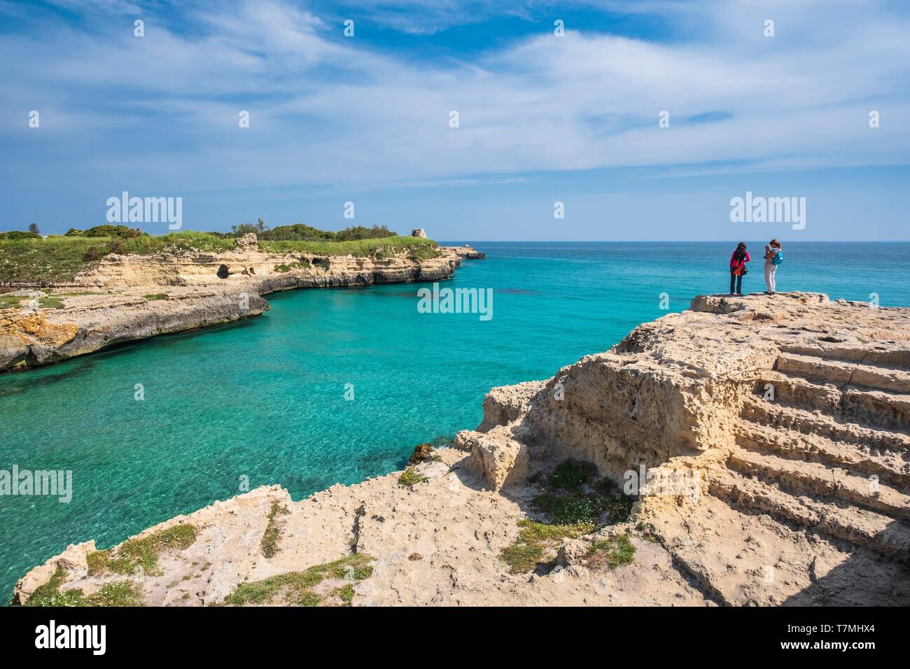 Italy, Apulia, Salento region, Roca Vecchia, jagged coastline dotted ...