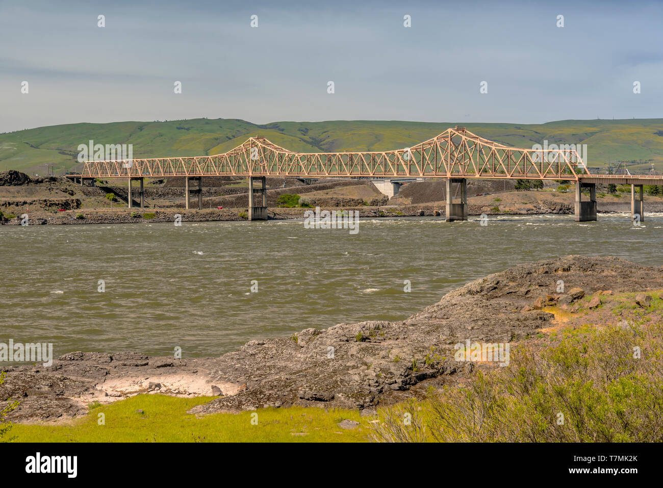 Bridge crossings and columbia river at the Dalles Oregon state Stock ...