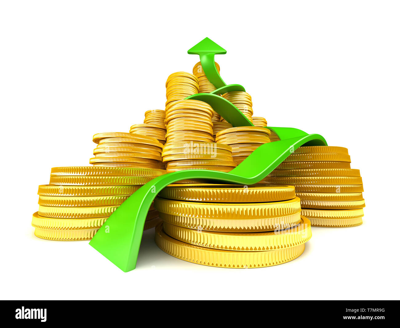 Stack of gold coins with arrow reaching higher Stock Photo - Alamy