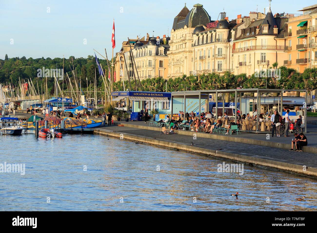 Switzerland, Geneva, Lake Geneva, Geneva harbor, Gustave Ador wharf ...