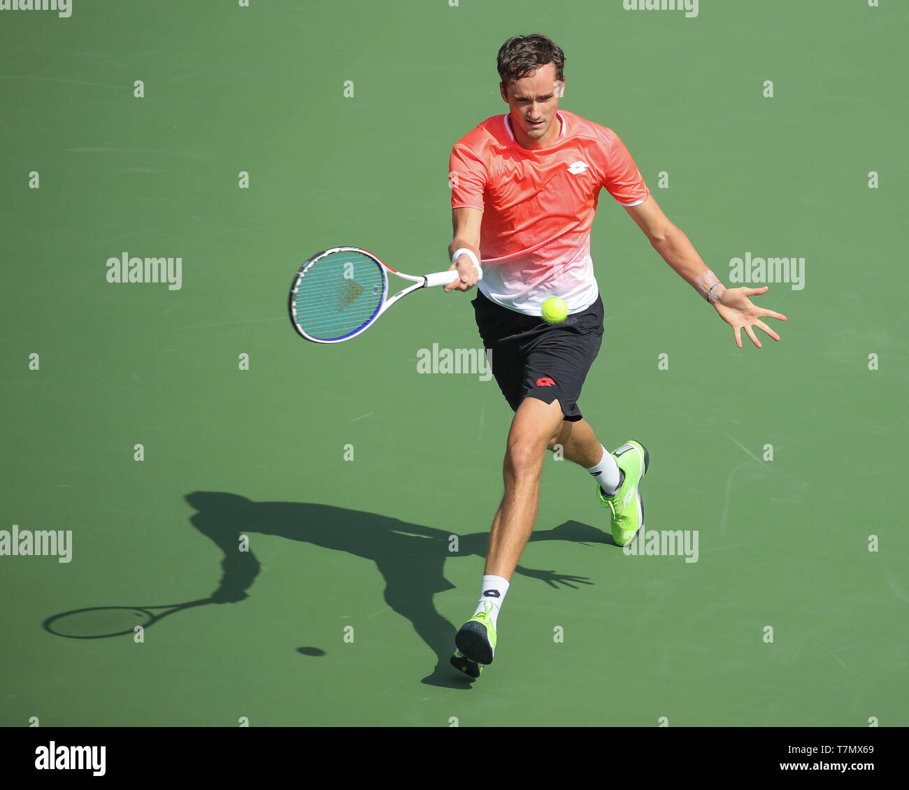 Russian tennis player Daniil Medvedev playing forehand shot during ...