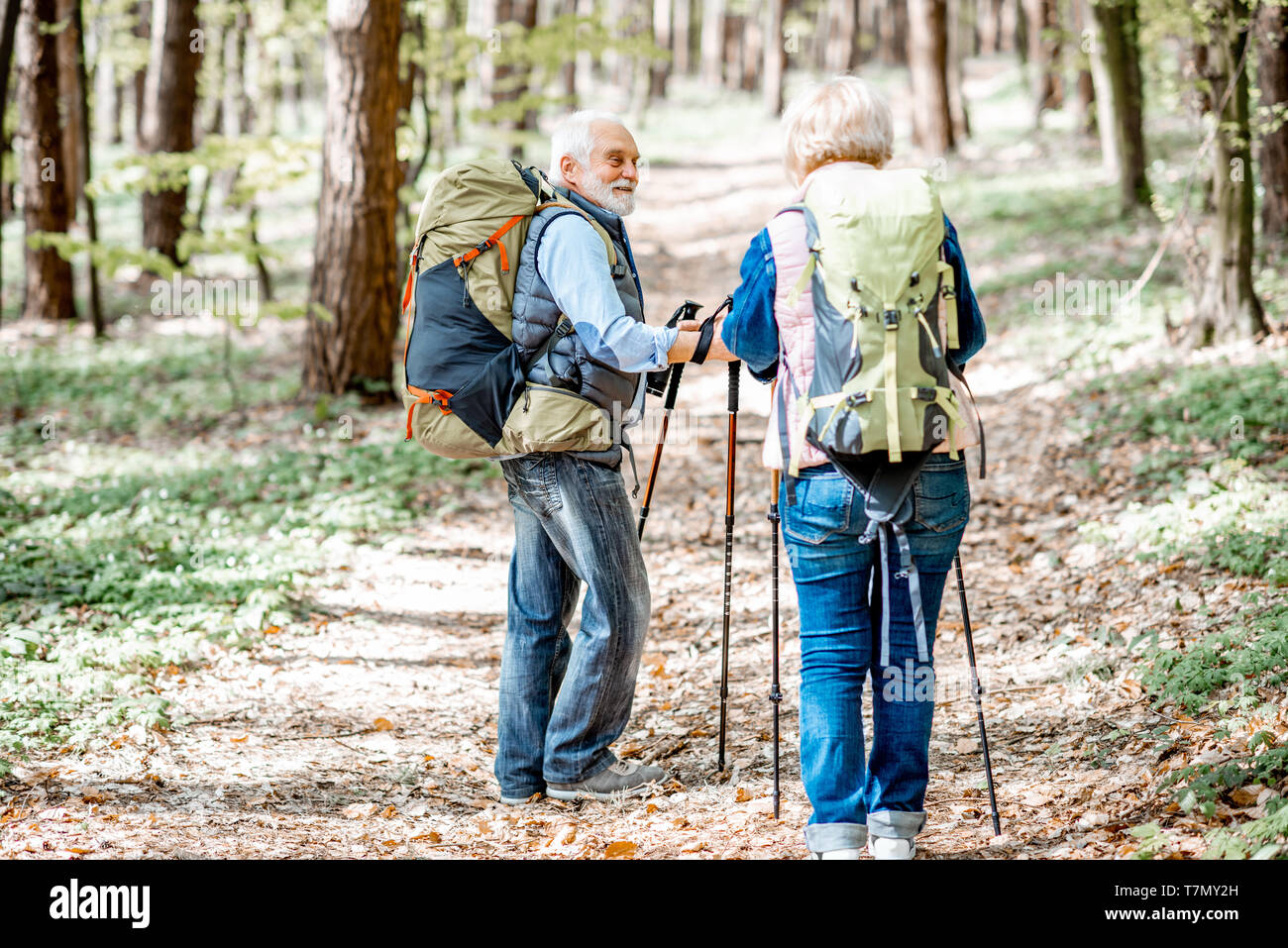 Senior couple hiking with backpacks and trekking sticks in the forest ...