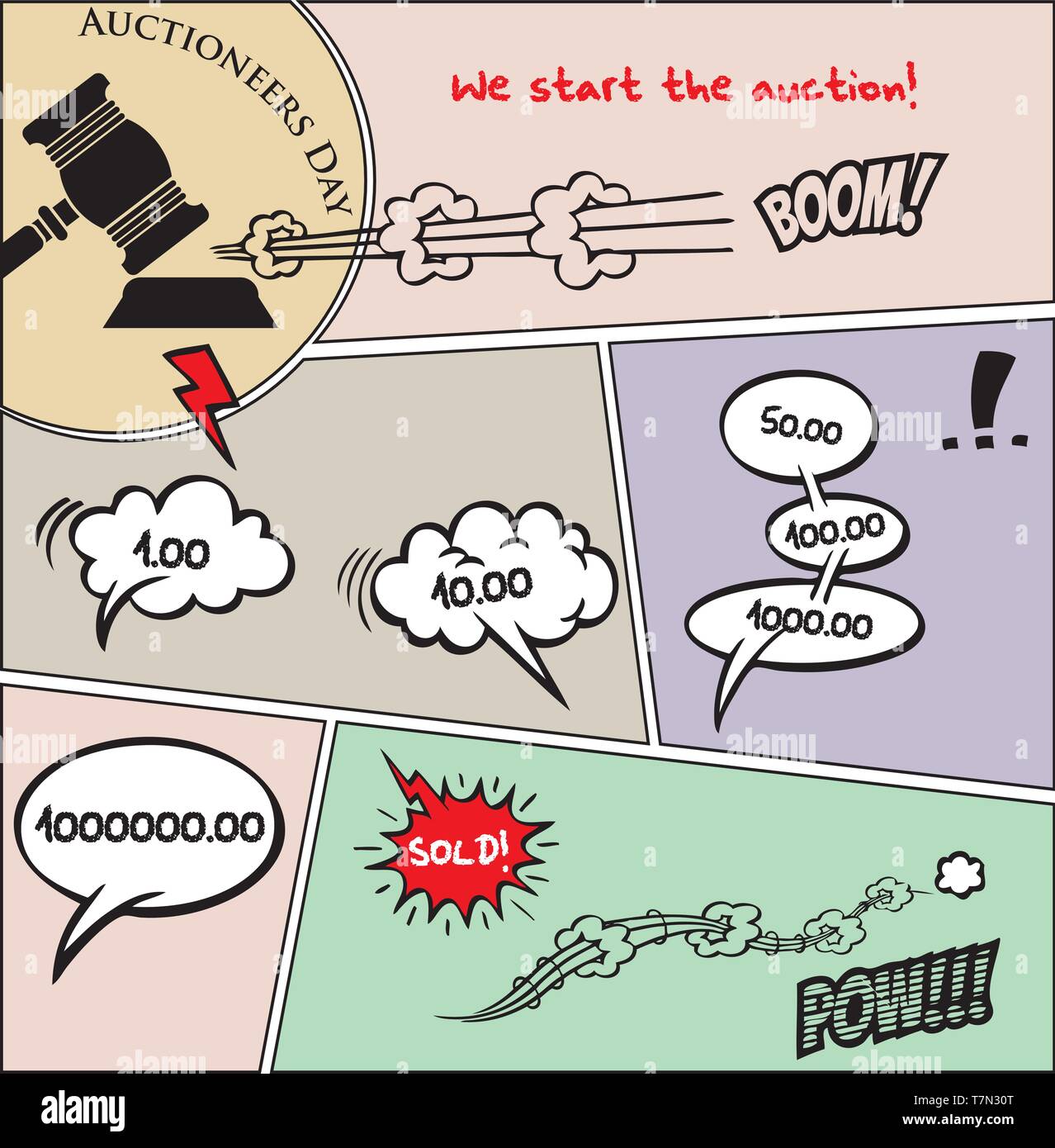 Comics - Auction for Auctioneers Day dates. Vector illustration Stock ...