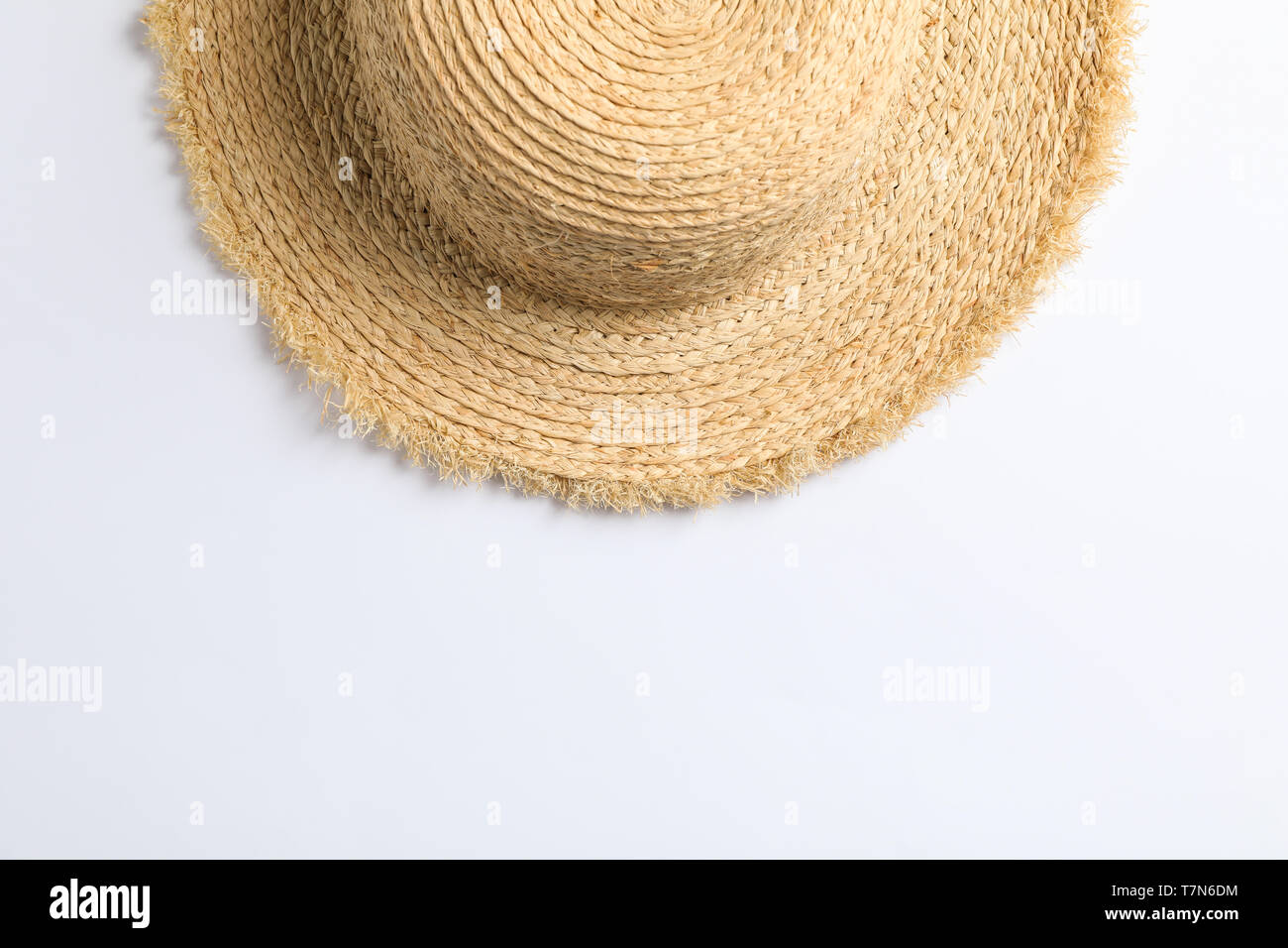 Pretty straw hat on white background. Space for text, top view Stock ...