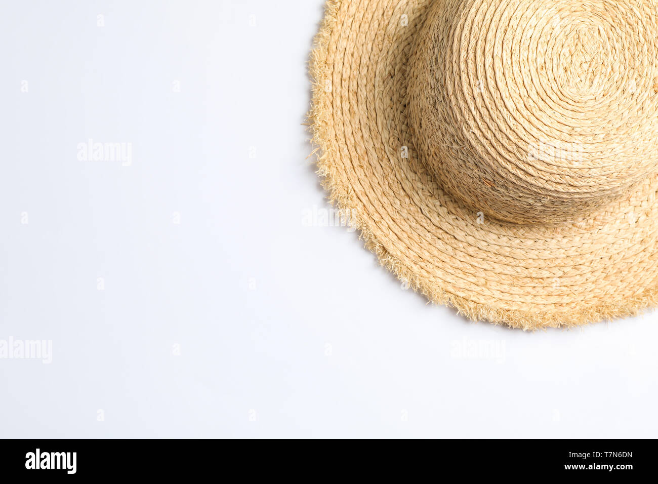 Pretty straw hat on white background. Space for text, top view Stock ...