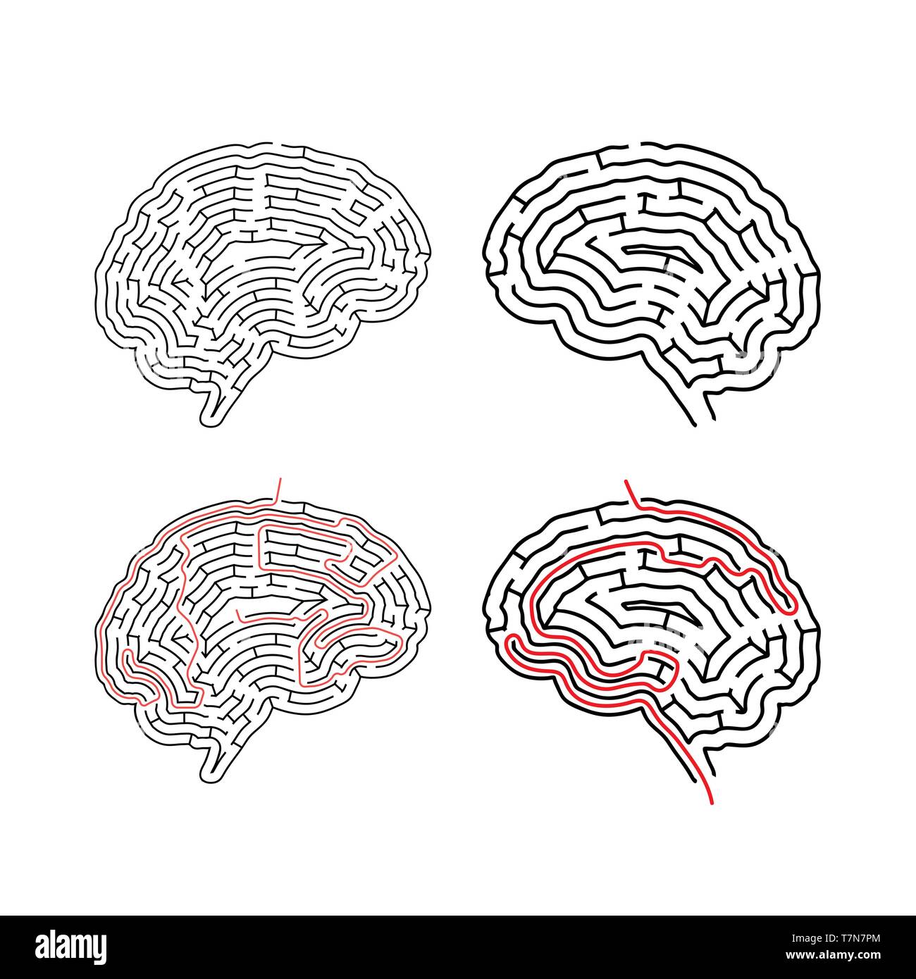 Two complicated mazes in brain shape, labyrinths with red path ...