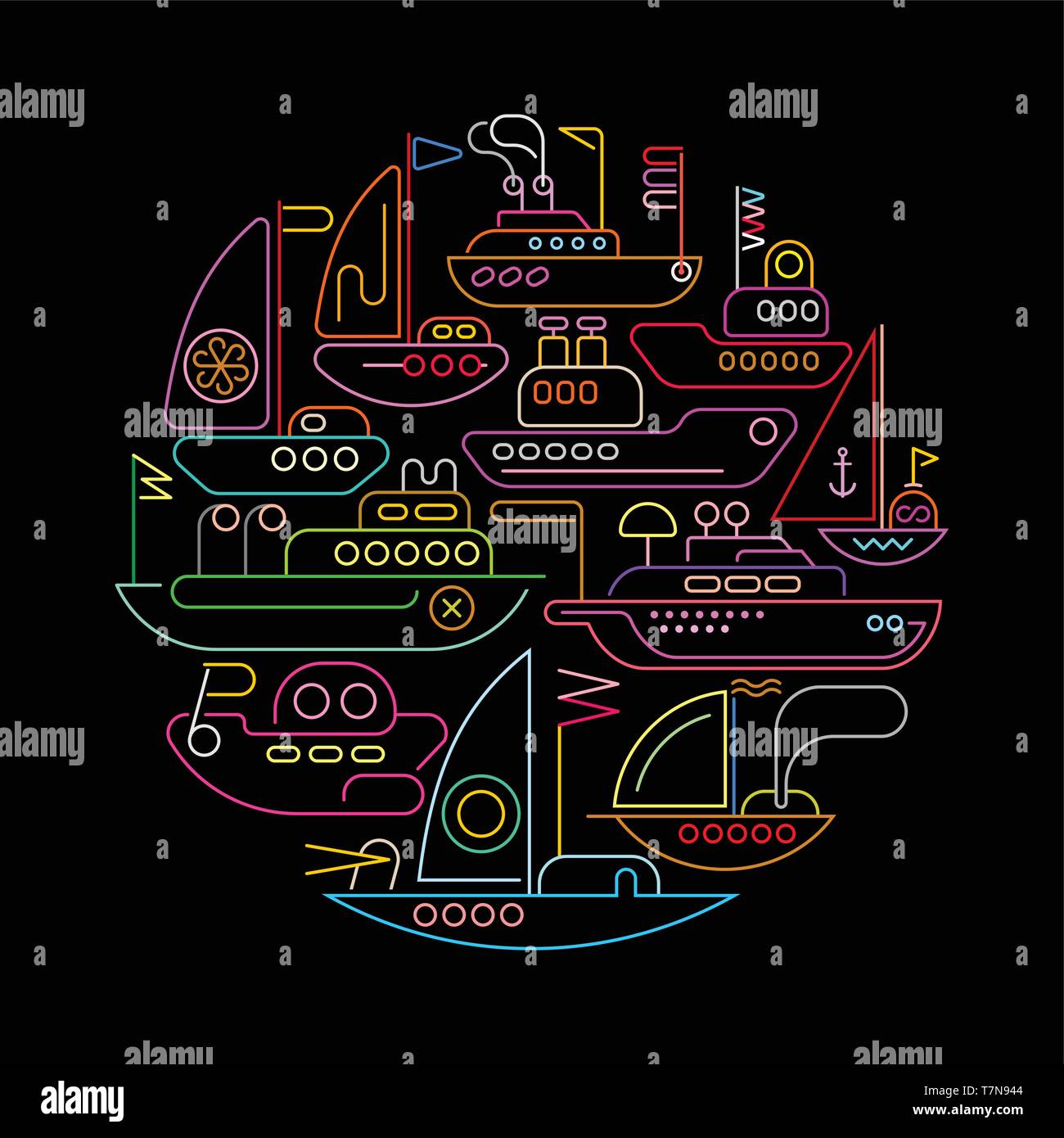 Neon colors isolated on a black background Ships and Yachts round shape ...