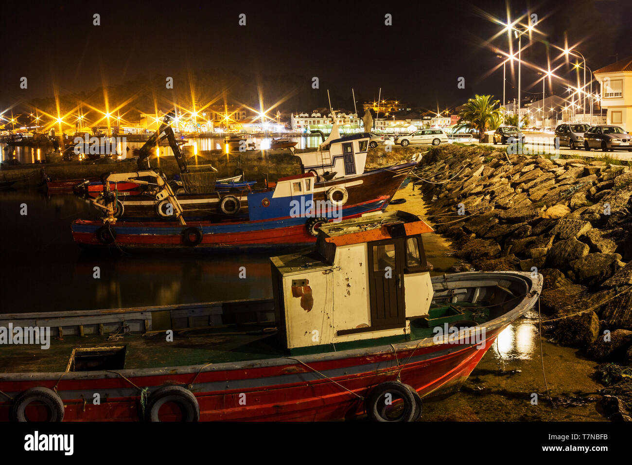 Boats in Arousa Island fishing harbor at night Stock Photo - Alamy