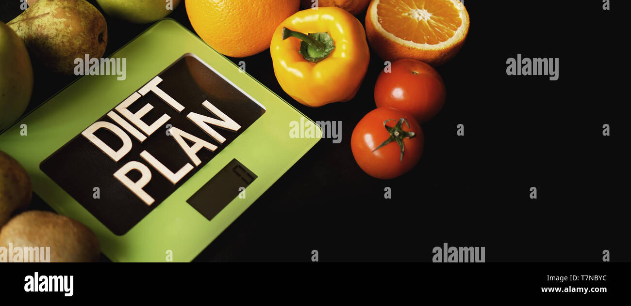 Concept diet. Healthy food, kitchen weight scale. Vegetables and fruits ...