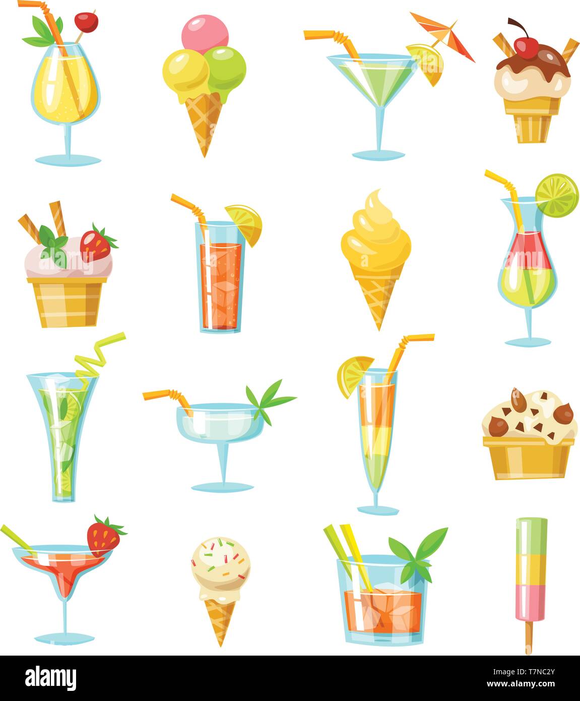 Vector set of cocktails and ice cream icons. Summer drink and food ...