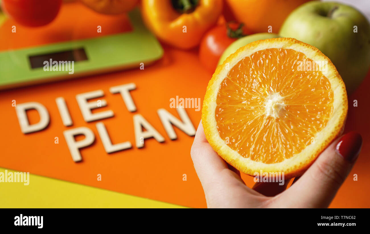 Concept diet. Healthy food, kitchen weight scale. Vegetables and fruits ...