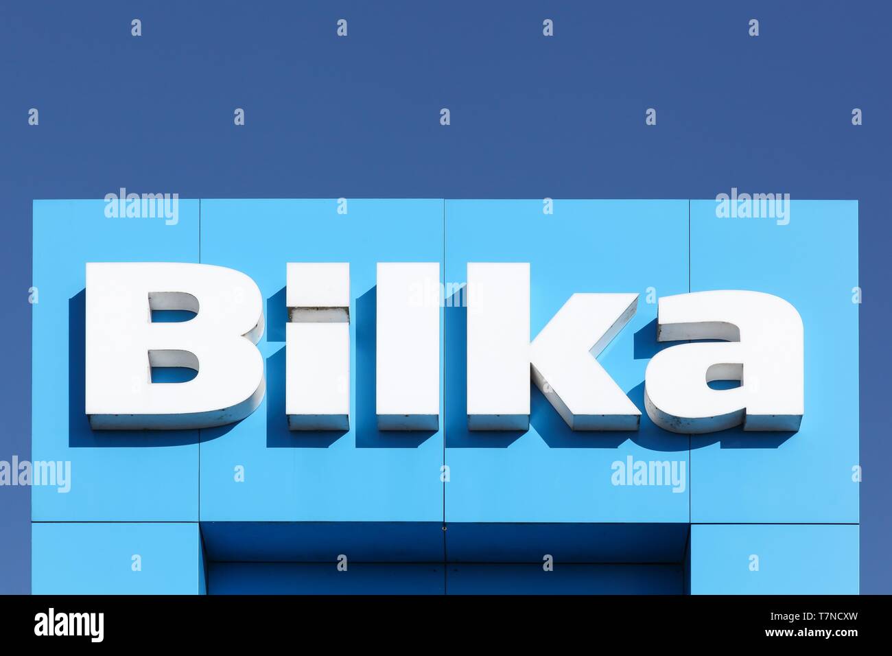 Tilst, Denmark - April 19, 2019: Logo of the brand hypermarket Bilka ...