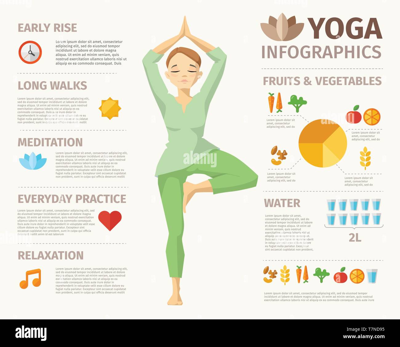 Vector yoga design food elements and woman character doing yoga Stock ...