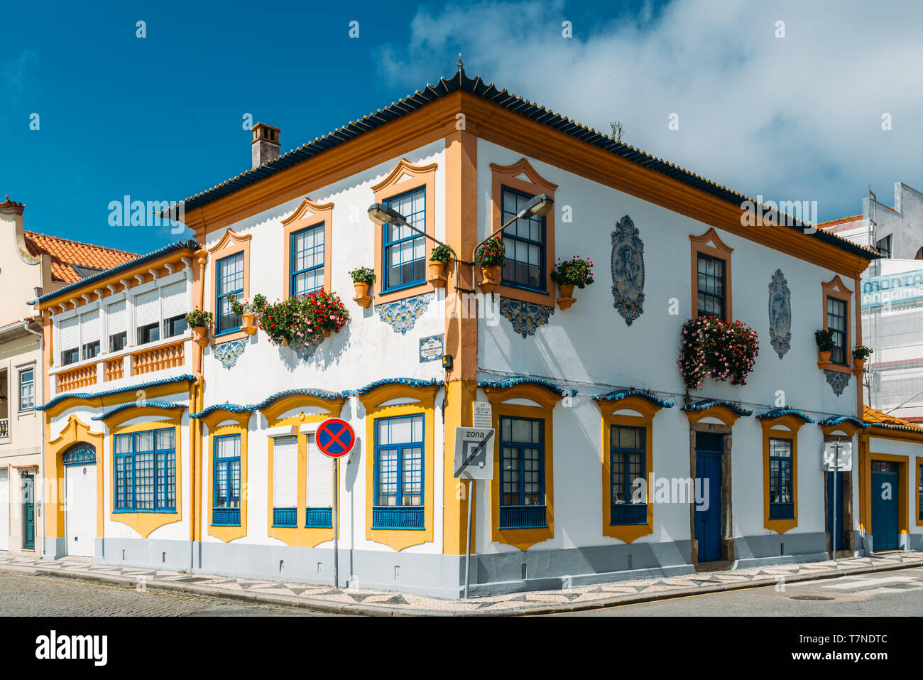 Aveiro, Portugal, April 29, 2019: View of the beautiful old facades ...