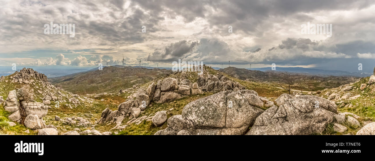 Ultra panoramic view at the Caramulo Mountains, and wind turbines on ...