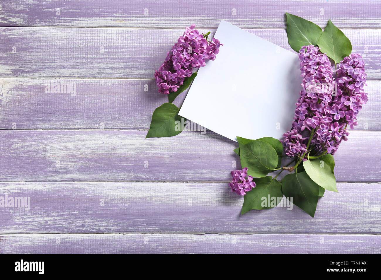 Blank card with lilac flowers on color wooden background Stock Photo ...