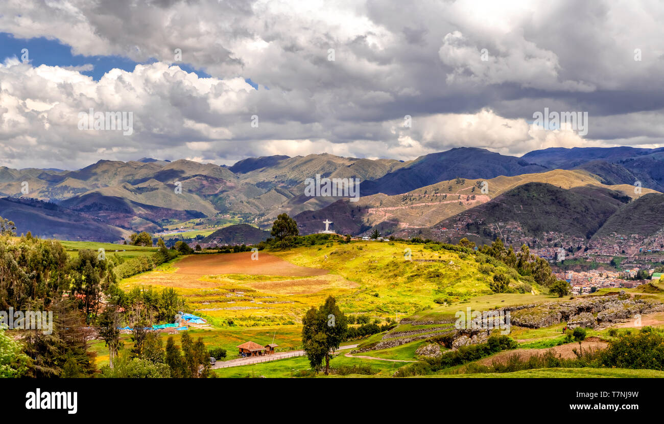Panoramic aerial view at the city of Cusco and surrounding Andean ...