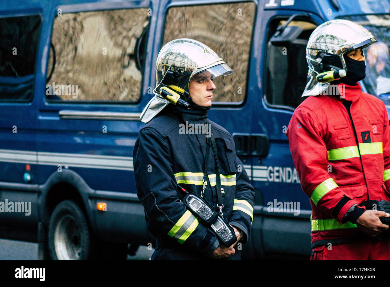 Paris France May 04, 2019 View of a French firefighters walking in the ...