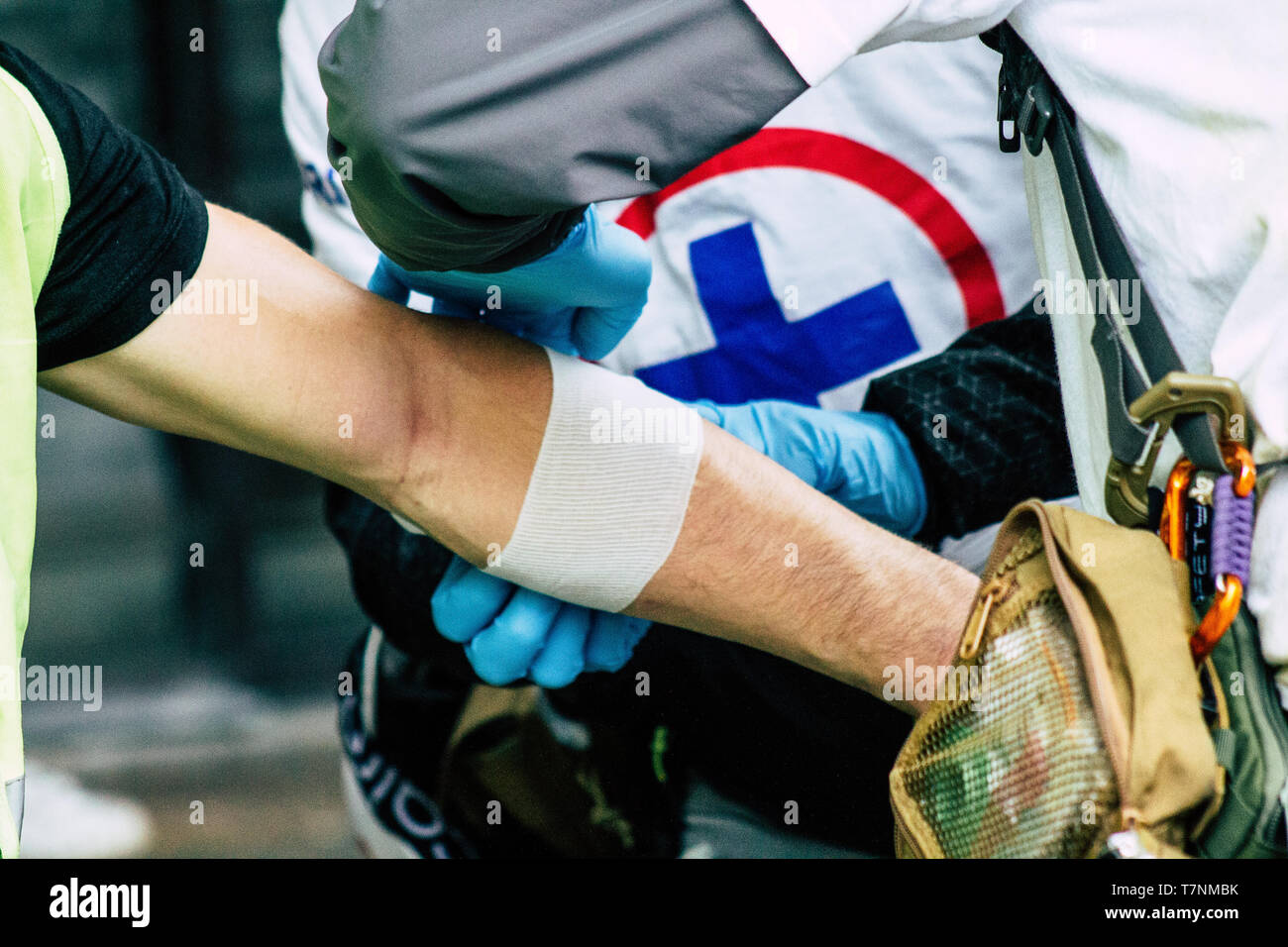 Paris France May 04, 2019 View of French street medic helping a ...