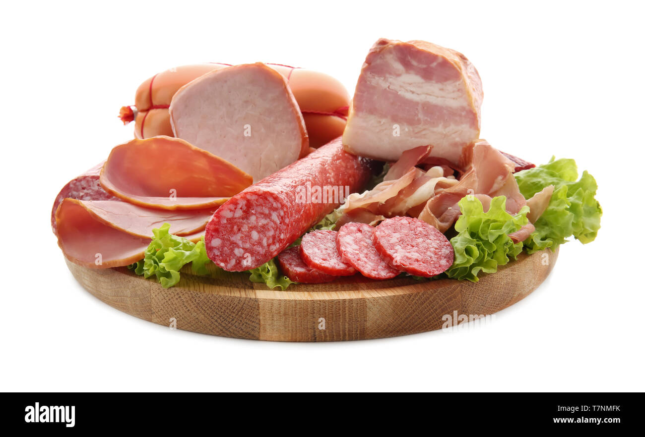 Assortment of delicious deli meats on wooden board, isolated on white ...