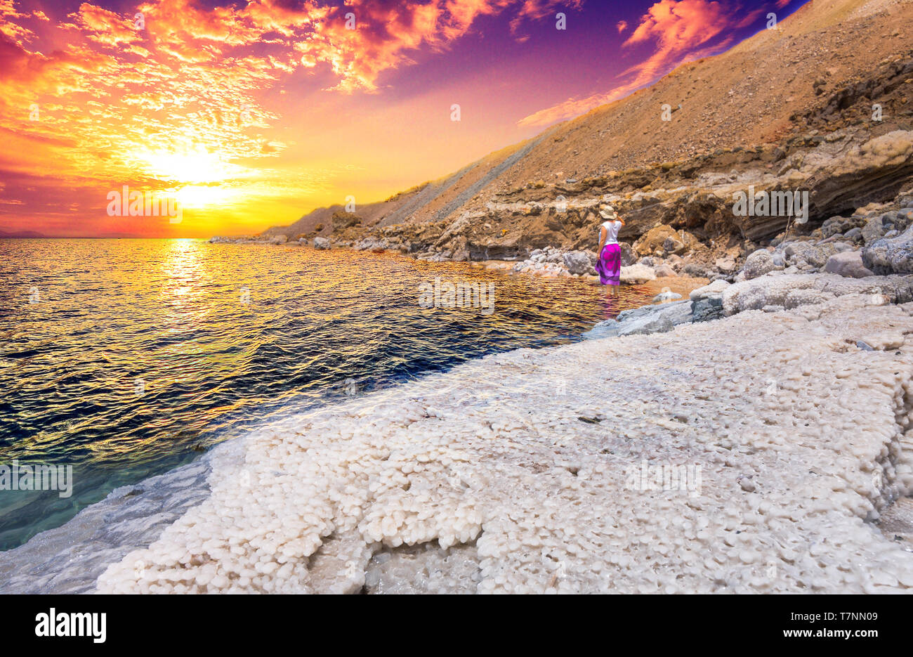 Desert landscape of Dead Sea coastline with white salt, Jordan, Israel ...