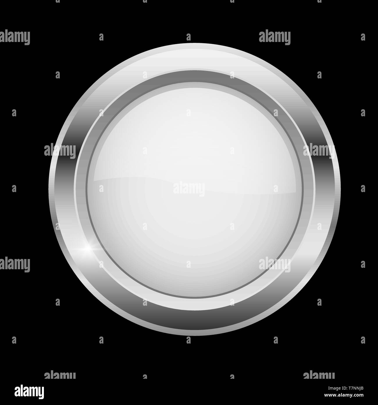 White round glass button with chrome frame. On black background Stock ...