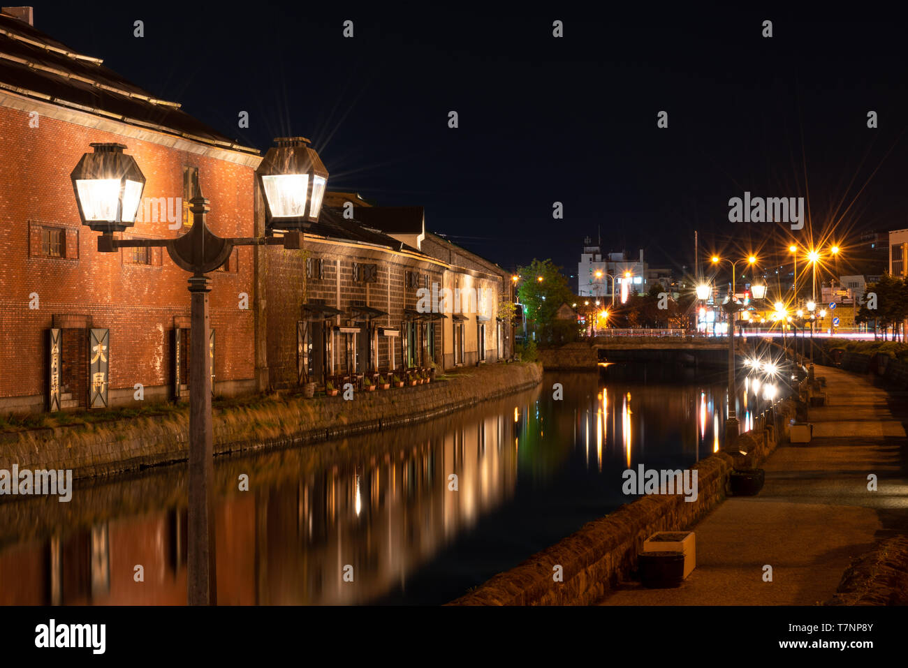 Landscape view of Otaru canals and warehouse at night in Hokkaido Japan ...