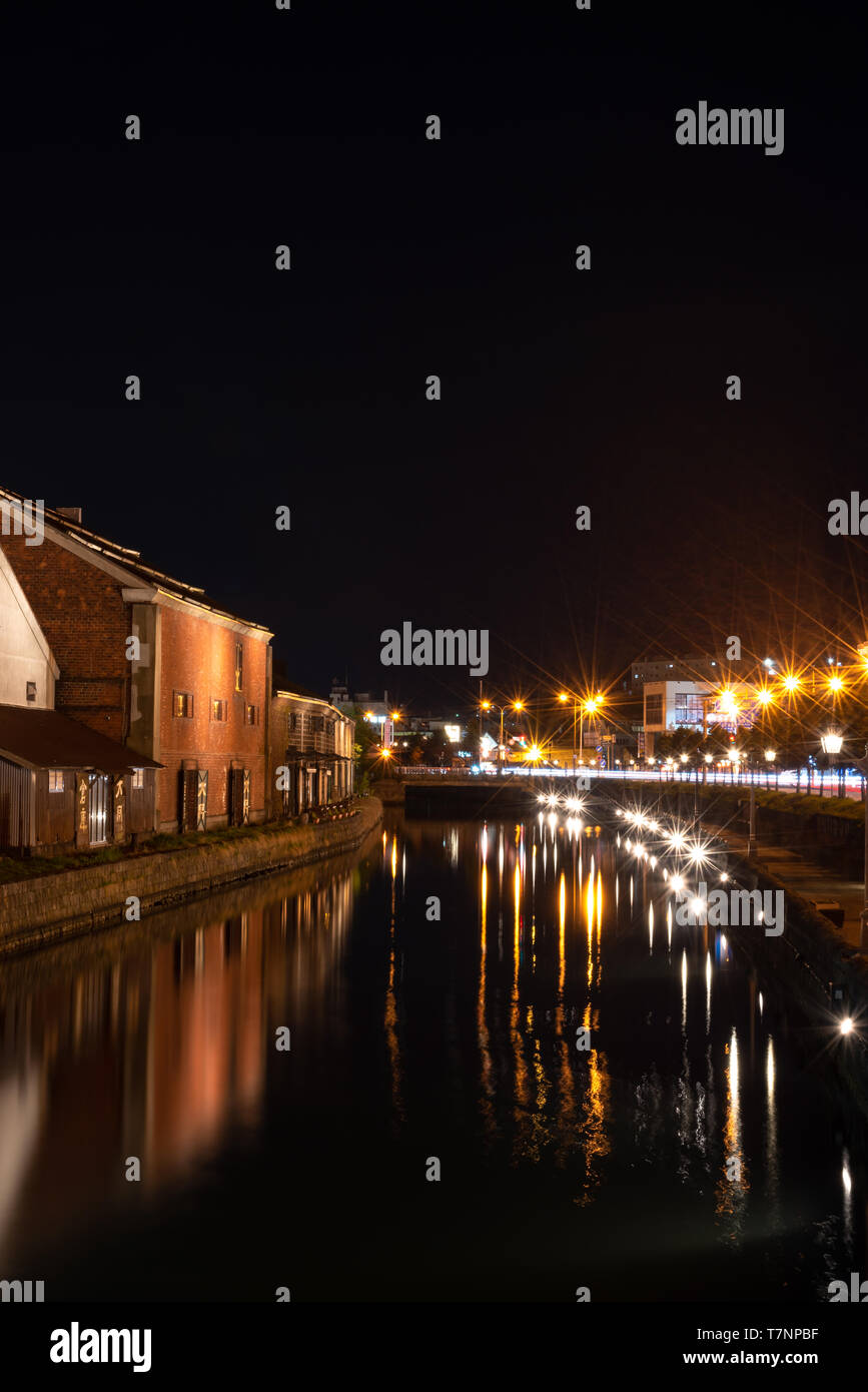 Landscape view of Otaru canals and warehouse at night in Hokkaido Japan ...