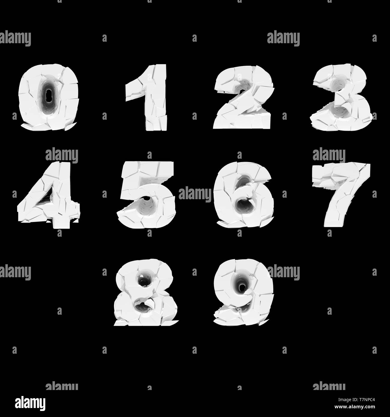 Isolated set of cracked numerals on a black background. 3D render Stock ...