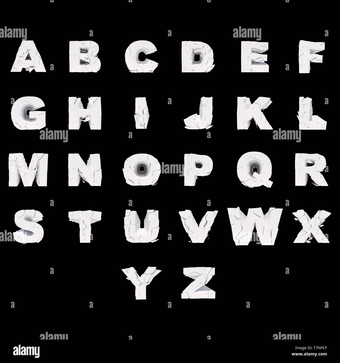 Isolated cracked alphabet letters on a black background. 3D ...