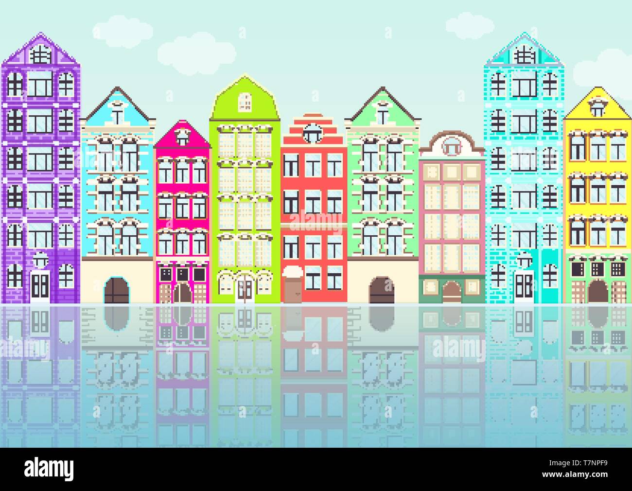Seamless border with colorful flat houses, urban landscape, city ...