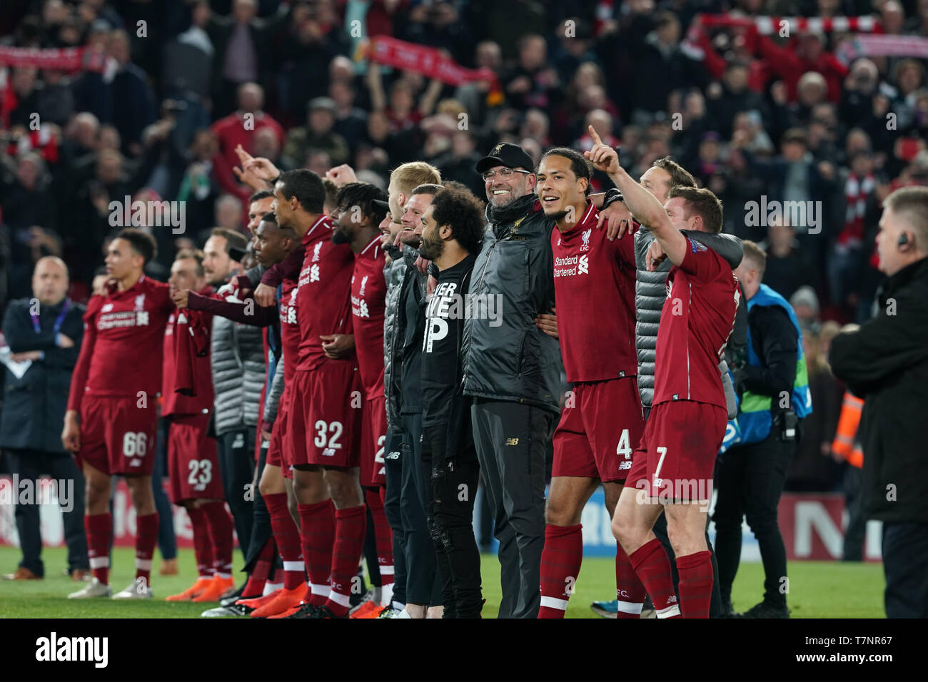 Liverpool players sing with the fans at the end of the match 7th Mayl ...