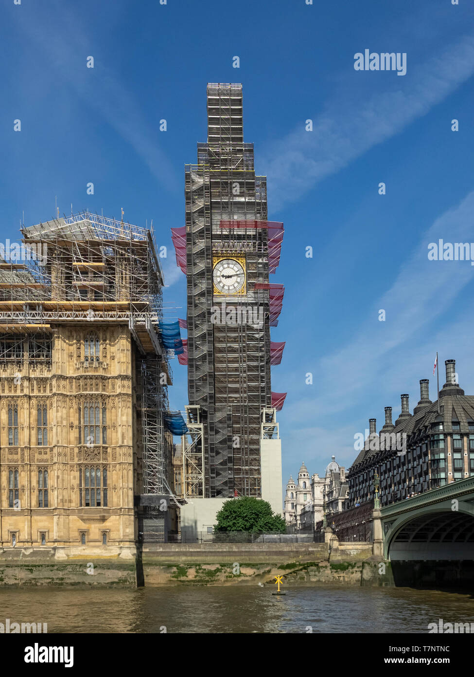 LONDON, UK - JULY 04, 2018: The Elizabeth Tower (Big Ben) covered in ...