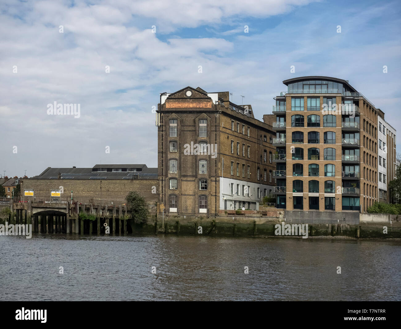 LONDON, UK - JULY 04, 2018: Old warehouse building at Chelsea Wharf ...
