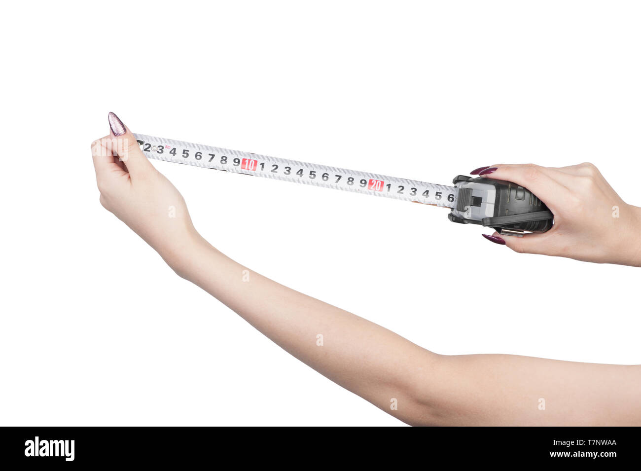 Measuring yardstick is female hands isolated on white background Stock Photo - Alamy