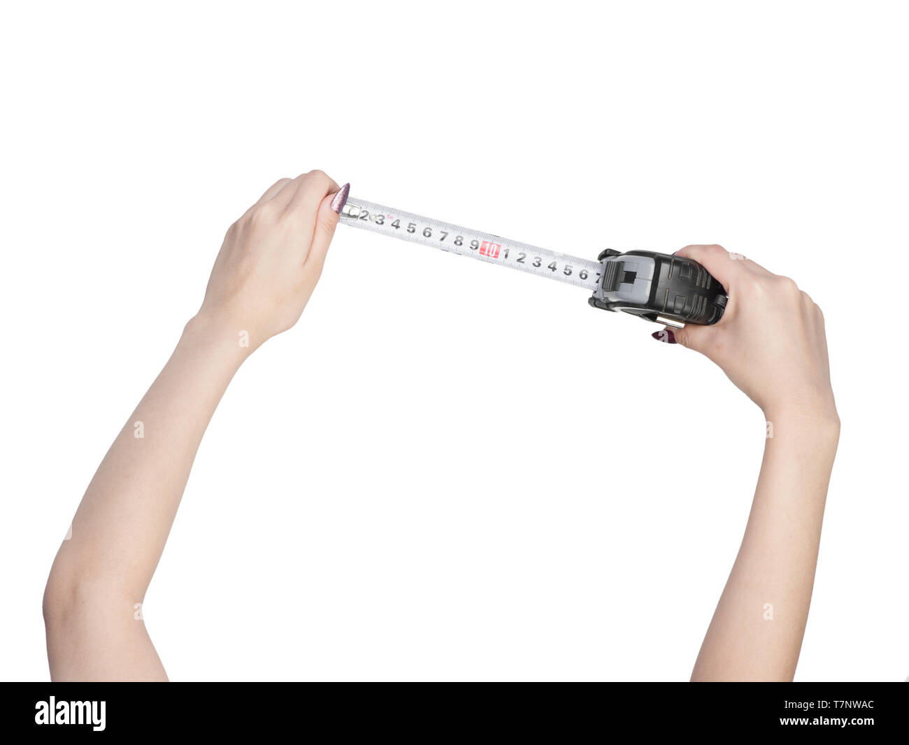 Measuring yardstick is female hands isolated on white background Stock ...
