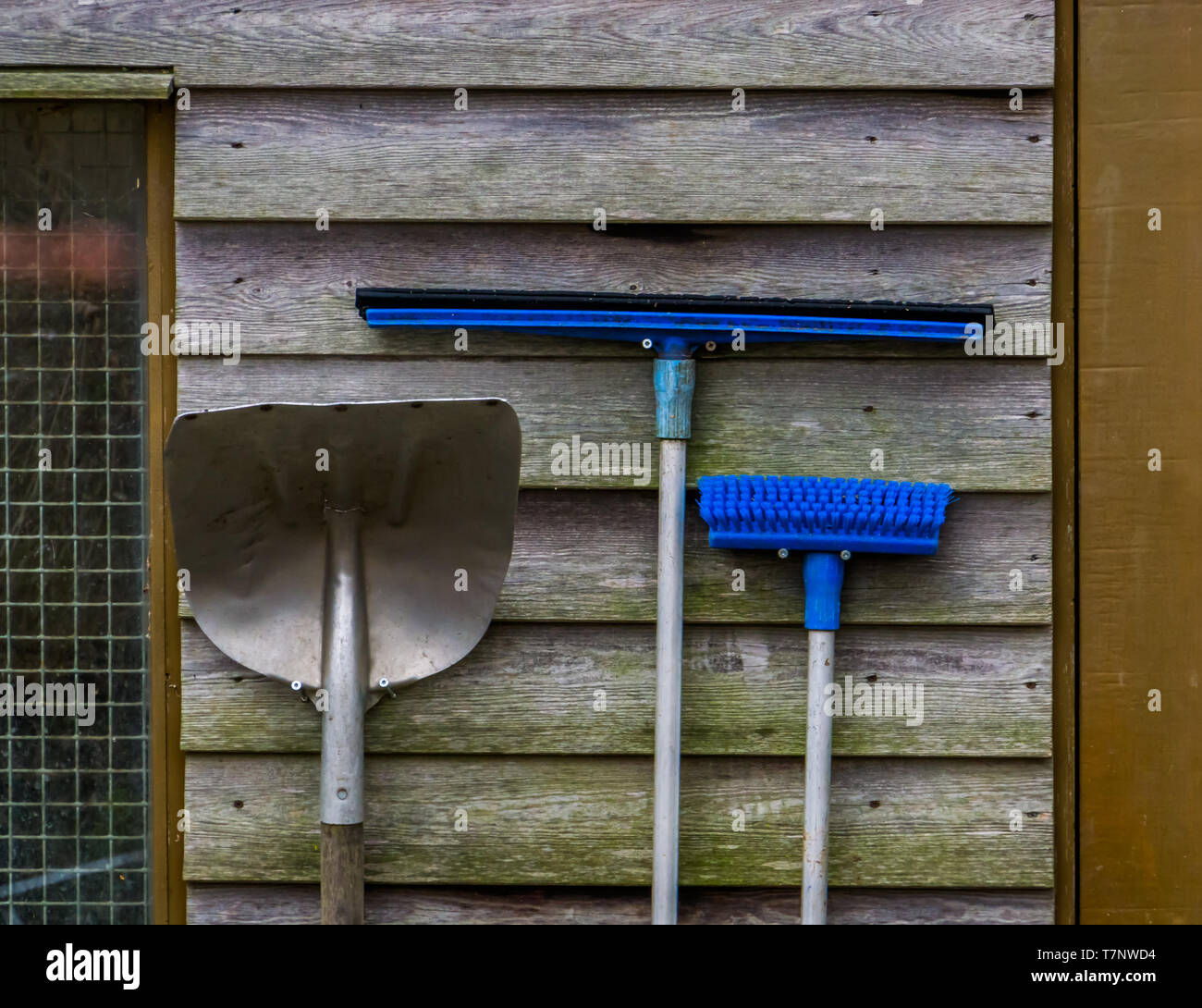 Stable cleaning equipment hanging on a wooden wall Stock Photo - Alamy