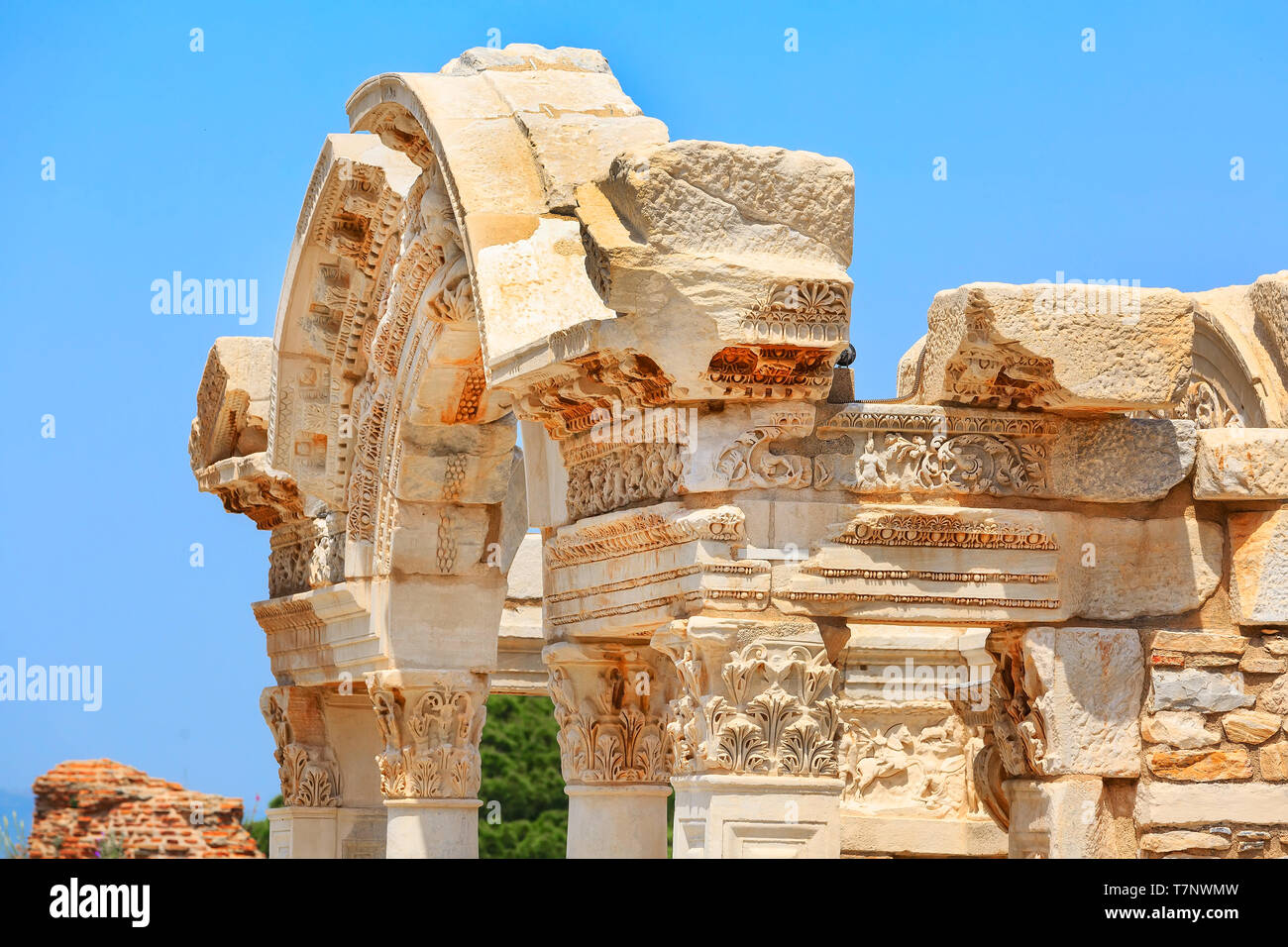 Temple of hadrian old ruins close-up details view in Ephesus, Efes ...