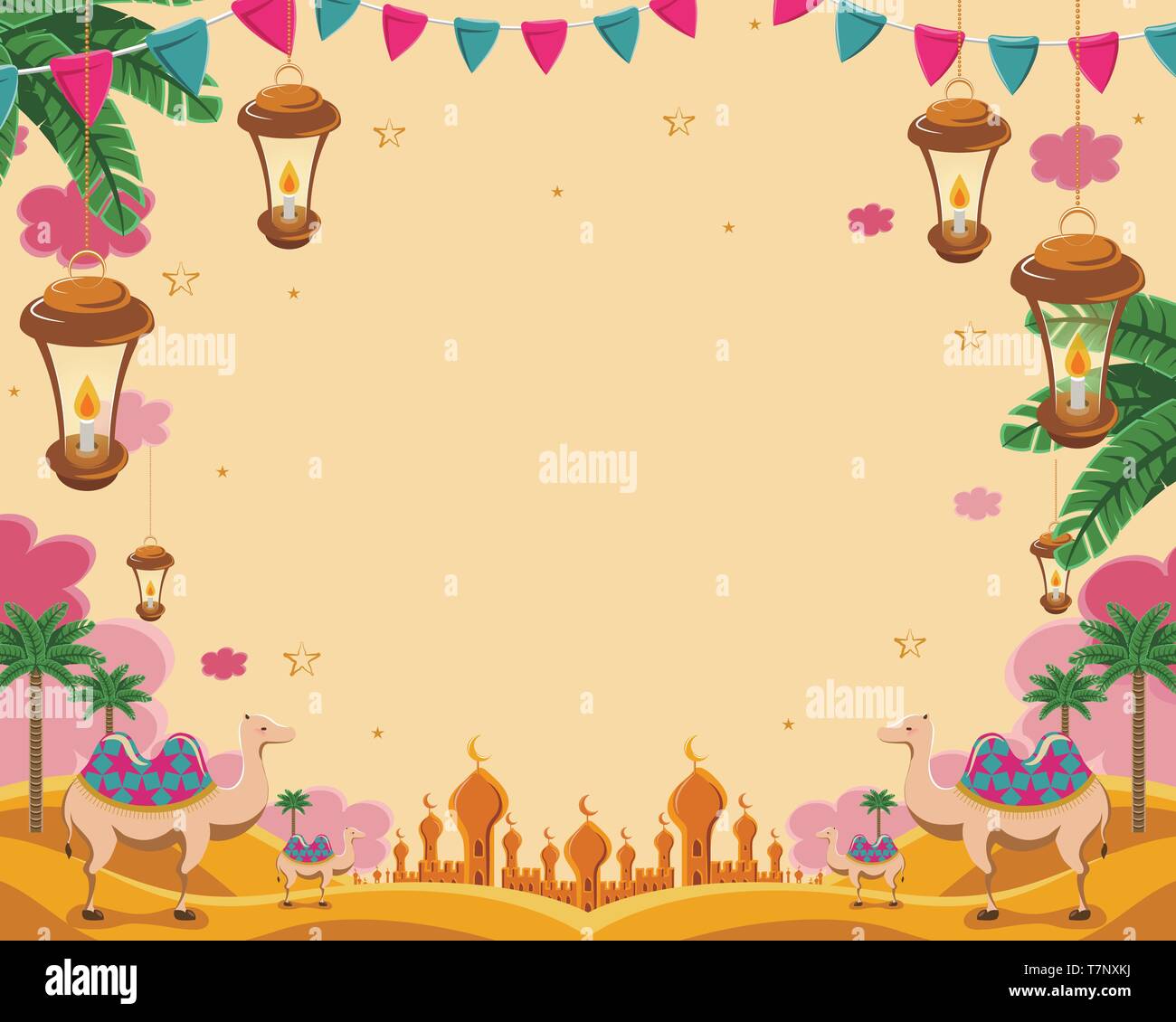 Exotic arabic desert scenery with camel and palm tree in flat style ...