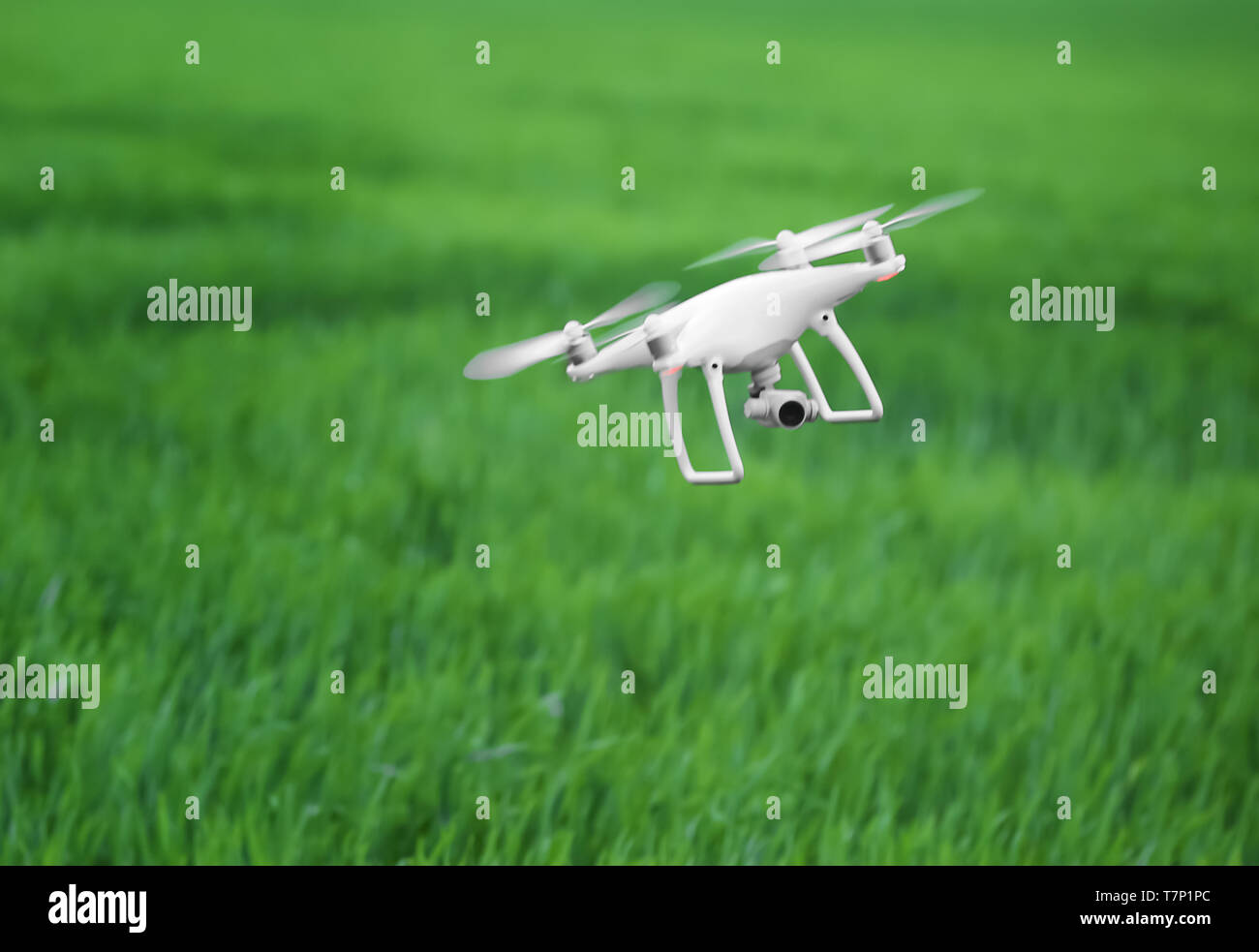 Modern quadcopter flying over field Stock Photo - Alamy