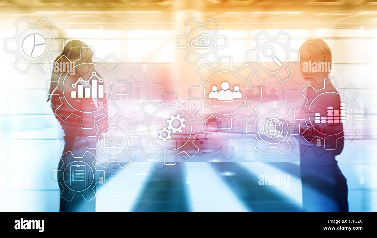 Business process abstract diagram with gears and icons. Workflow and ...