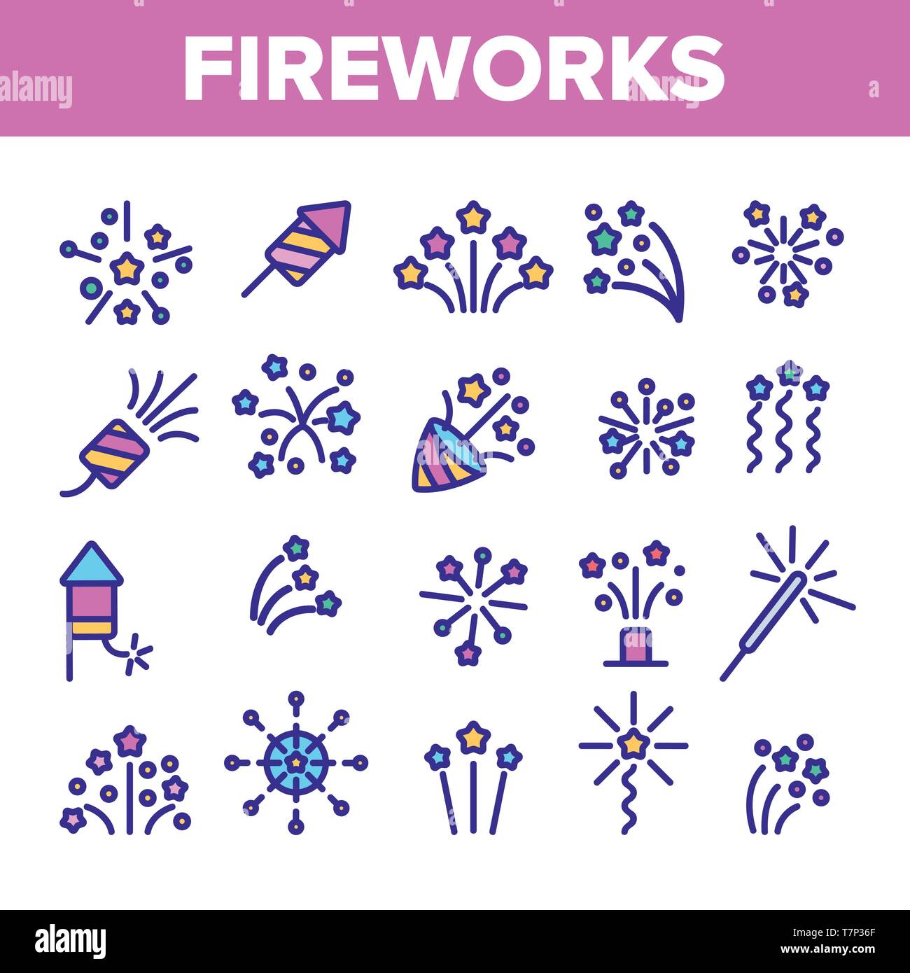 Fireworks, Firecrackers Thin Line Icons Vector Set. Pyrotechnics ...