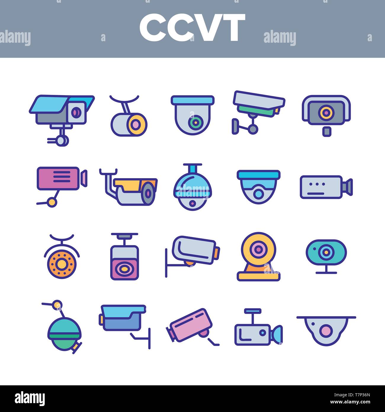 Surveillance Cameras Cctv Linear Icons Vector Set Security System Cctv Thin Line