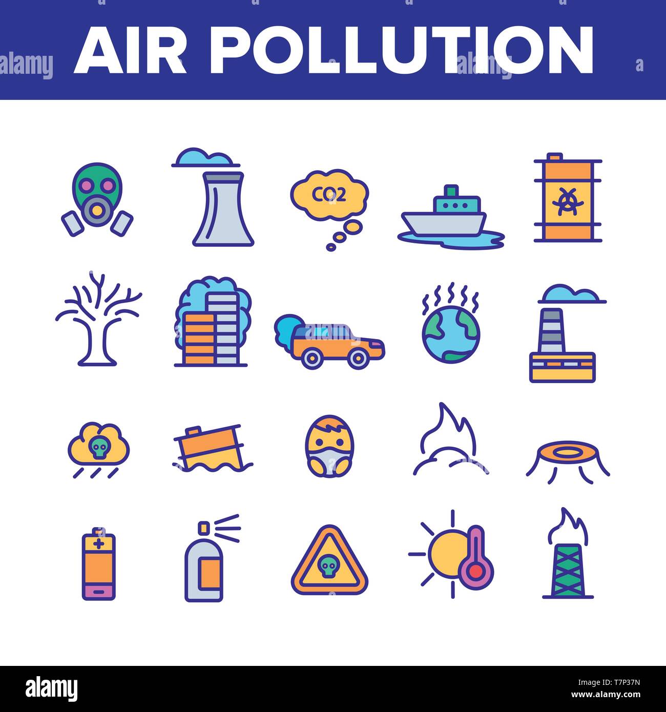 Environmental Air Pollution Linear Icons Vector Set. Smog, Toxic Waste ...