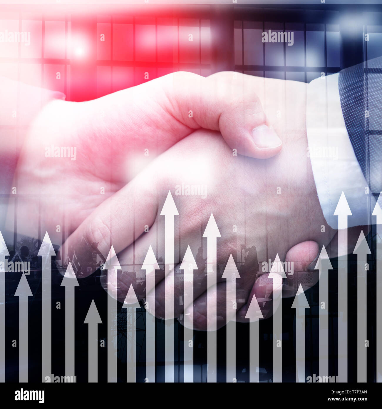 Up arrow graph on skyscraper background. Invesment and financial growth ...