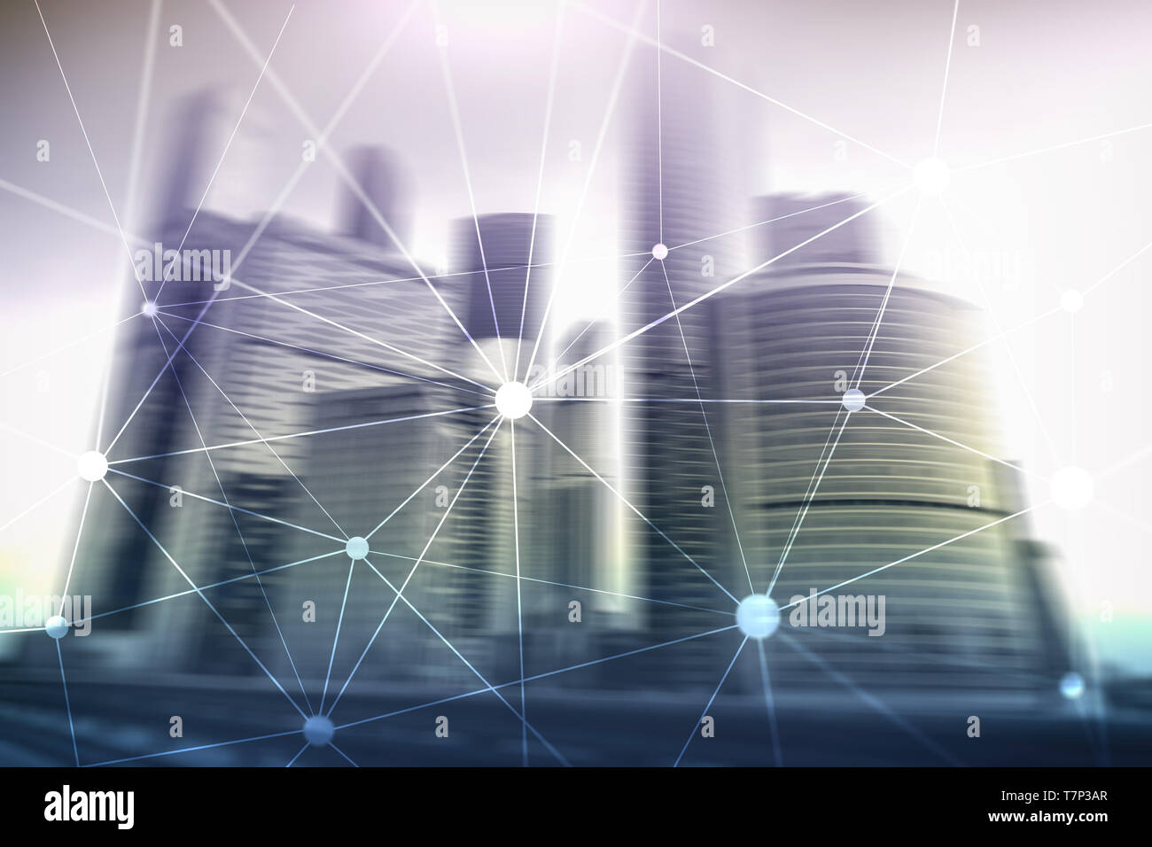 Blockchain network on blurred skyscrapers background. Financial ...