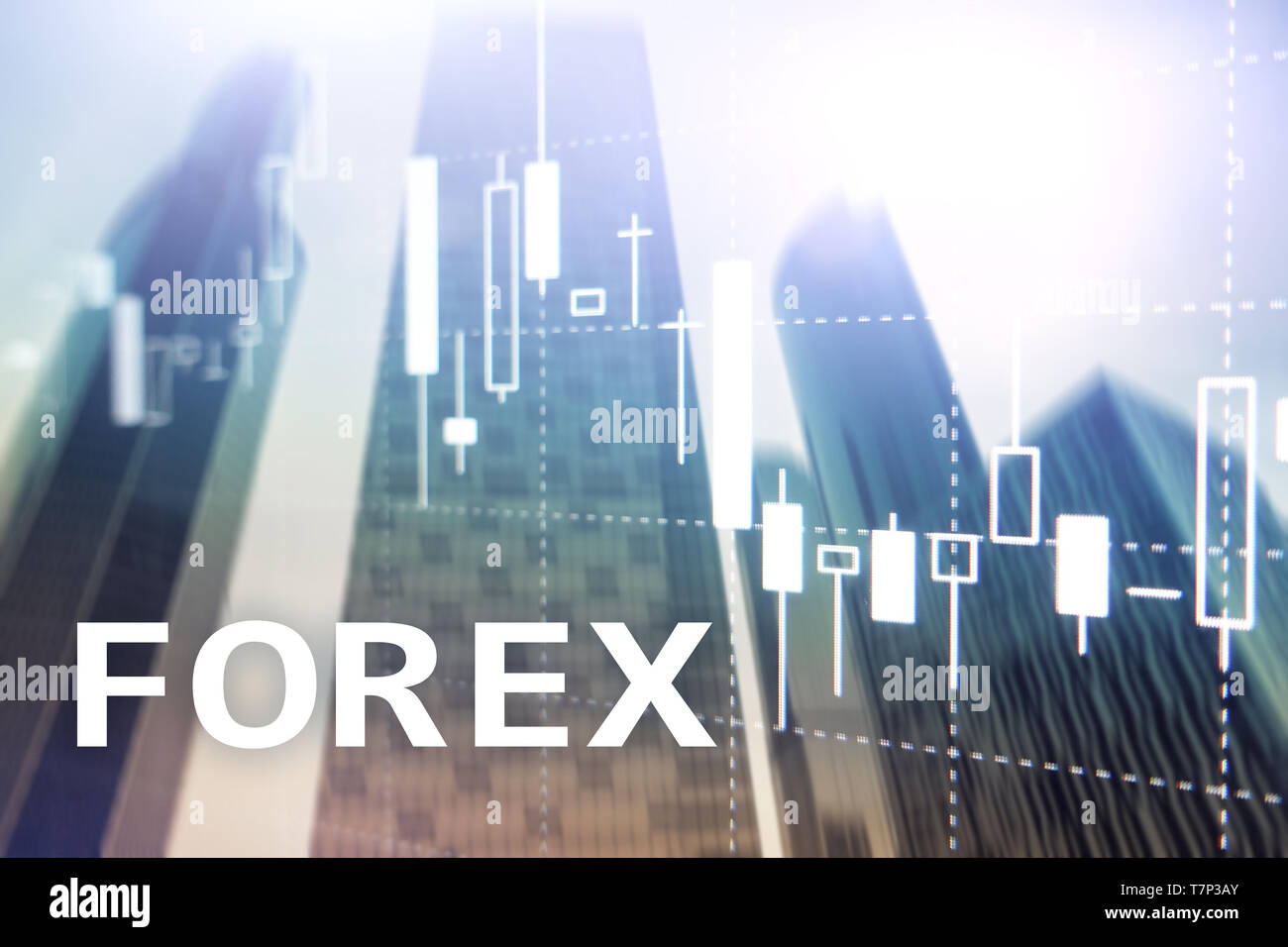 Forex trading, financial candle chart and graphs on blurred business ...