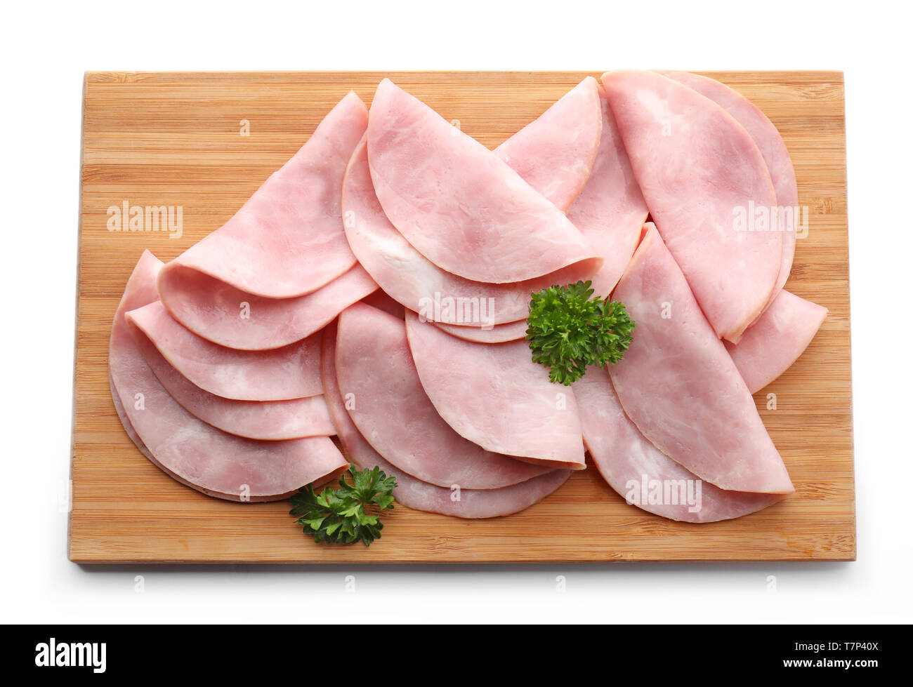 Board with delicious sliced ham on white background Stock Photo - Alamy